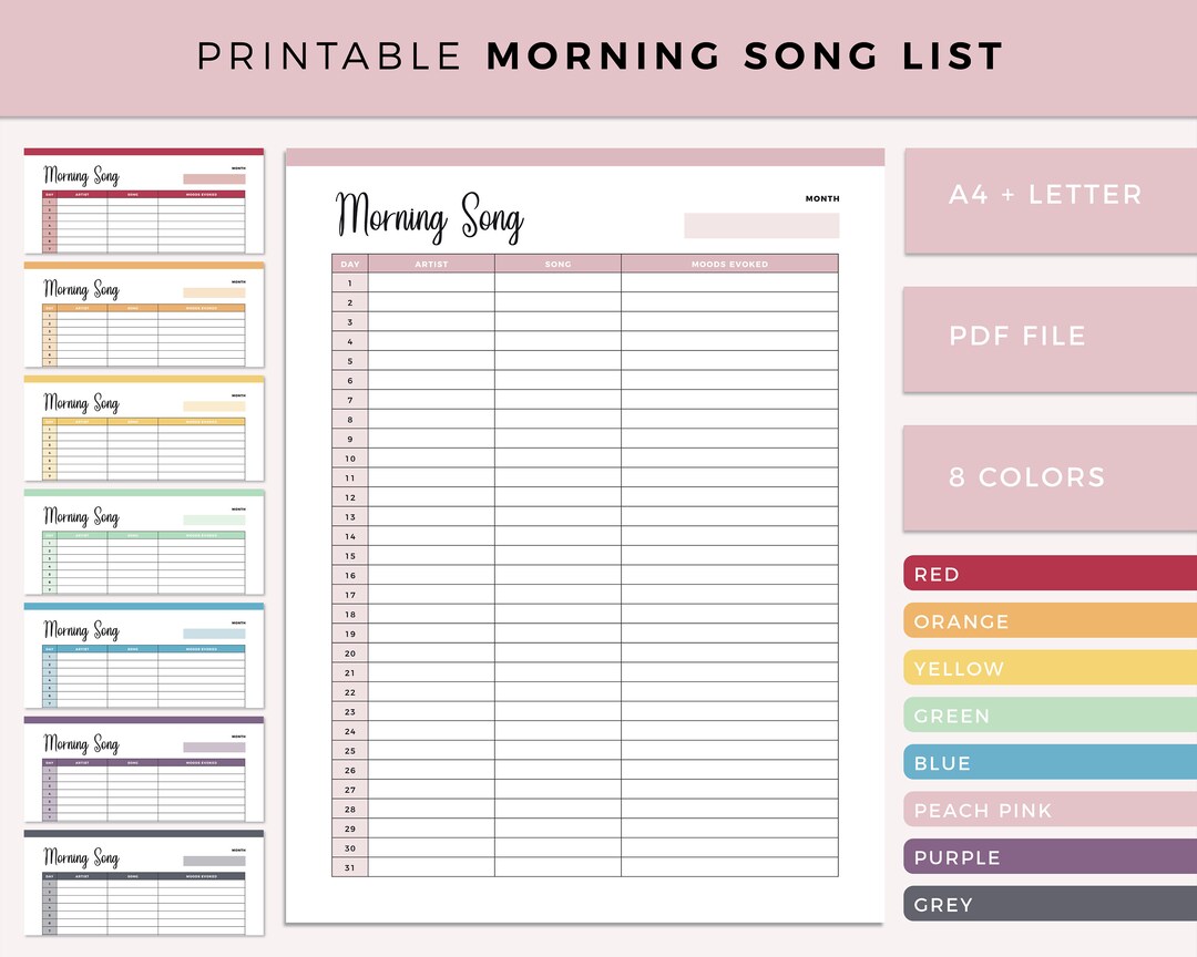 Printable Morning Song Log, Morning Music Playlist, Positive Start to ...