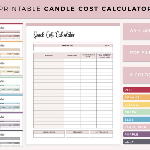Printable Candle Cost Calculator Candle Making Finance | Etsy