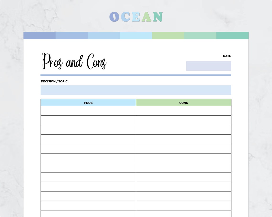 Printable Pros and Cons List PDF, Instant Download, Print at Home ...
