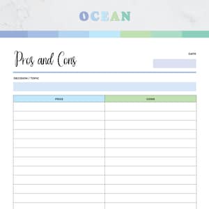 Printable Pros and Cons List PDF, Instant Download, Print at Home ...