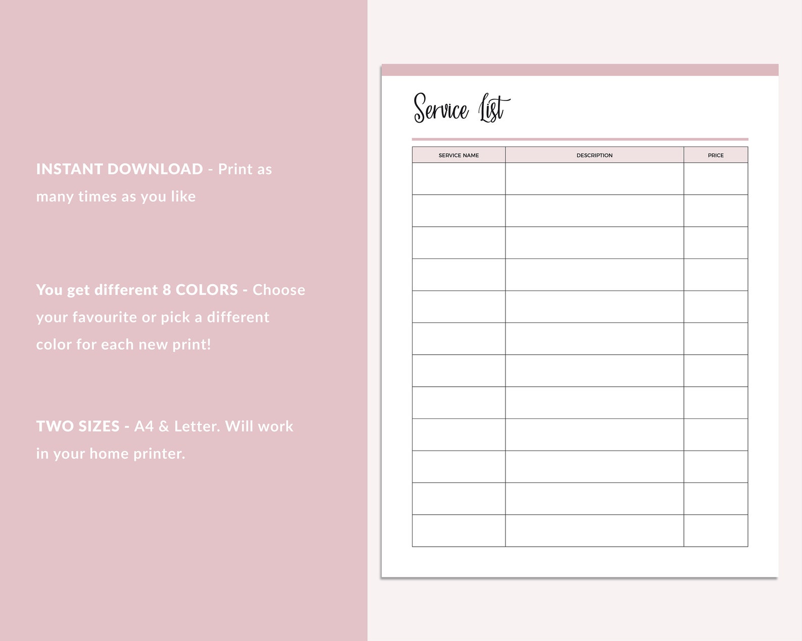 Printable Service Business List of Services, Small Business Planner ...