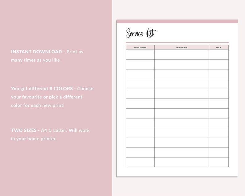 Printable Service Business List of Services, Small Business Planner ...