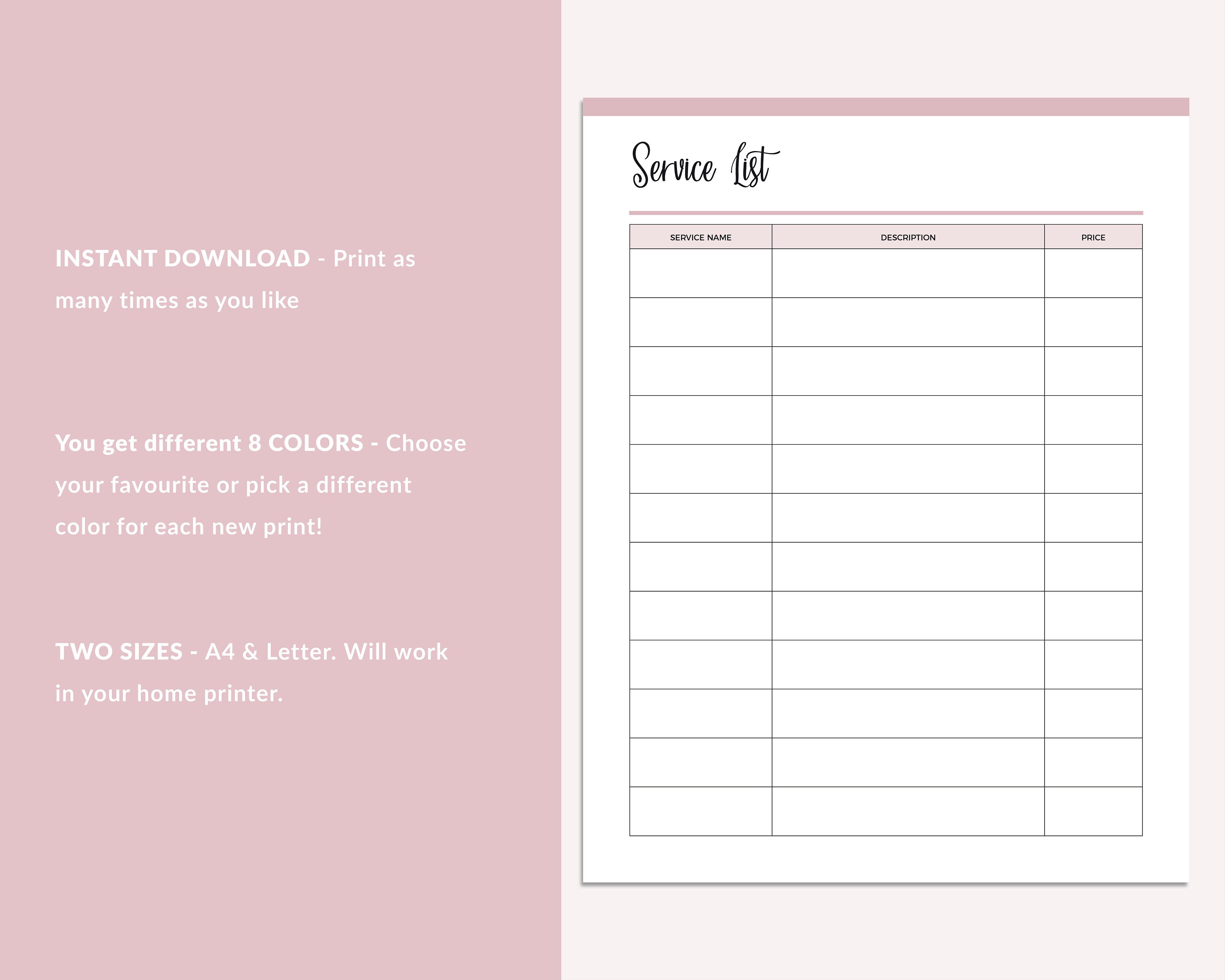 Printable Service Business List of Services, Small Business Planner ...