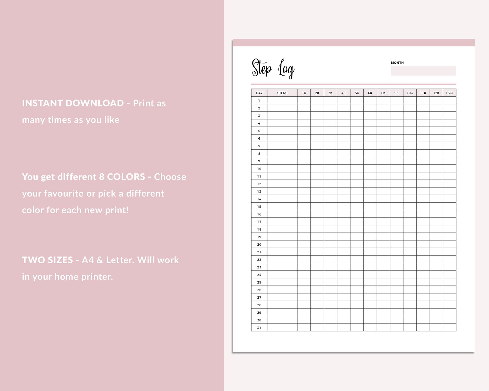 Step Tracker Printable, Step Counter, Daily Step Log, Monthly Step ...