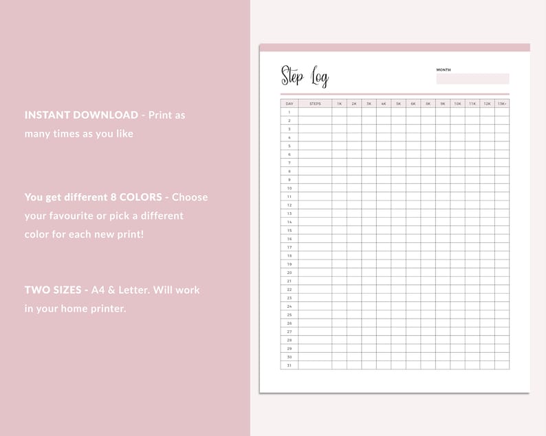 Step Tracker Printable, Step Counter, Daily Step Log, Monthly Step ...