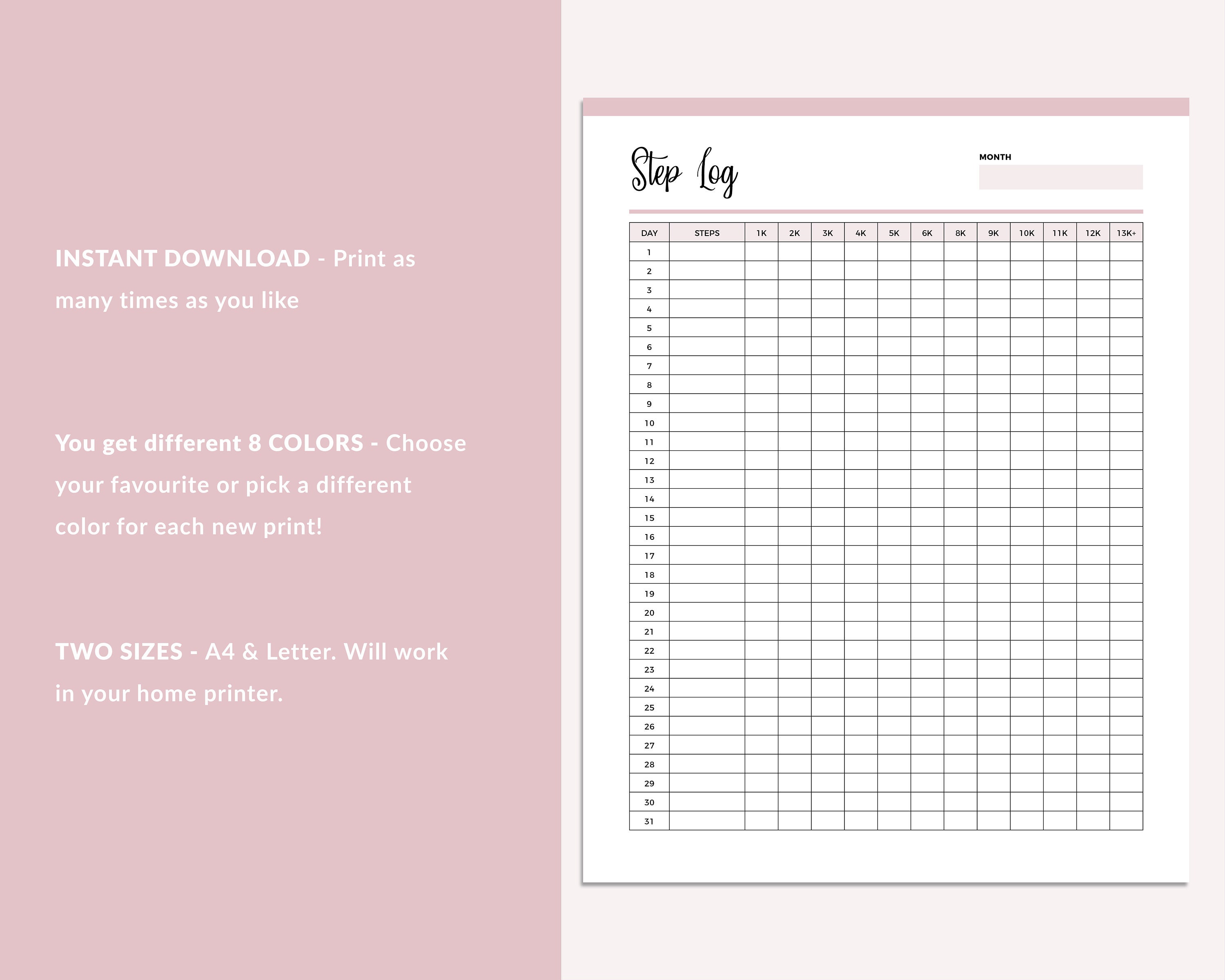 Step Tracker Printable, Step Counter, Daily Step Log, Monthly Step ...