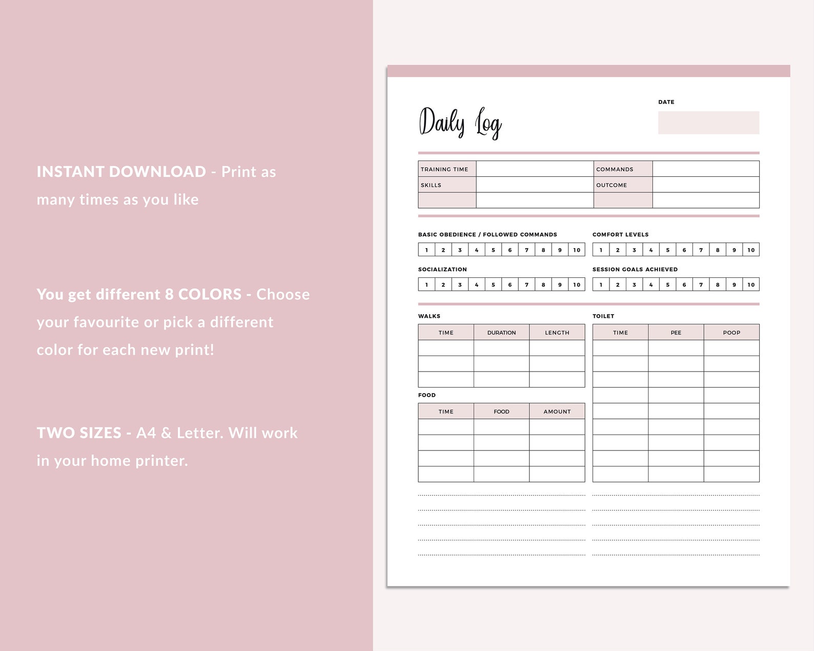 Printable Daily Pet Care Log, Dog Care Log, Dog Report Card, Pet Report ...