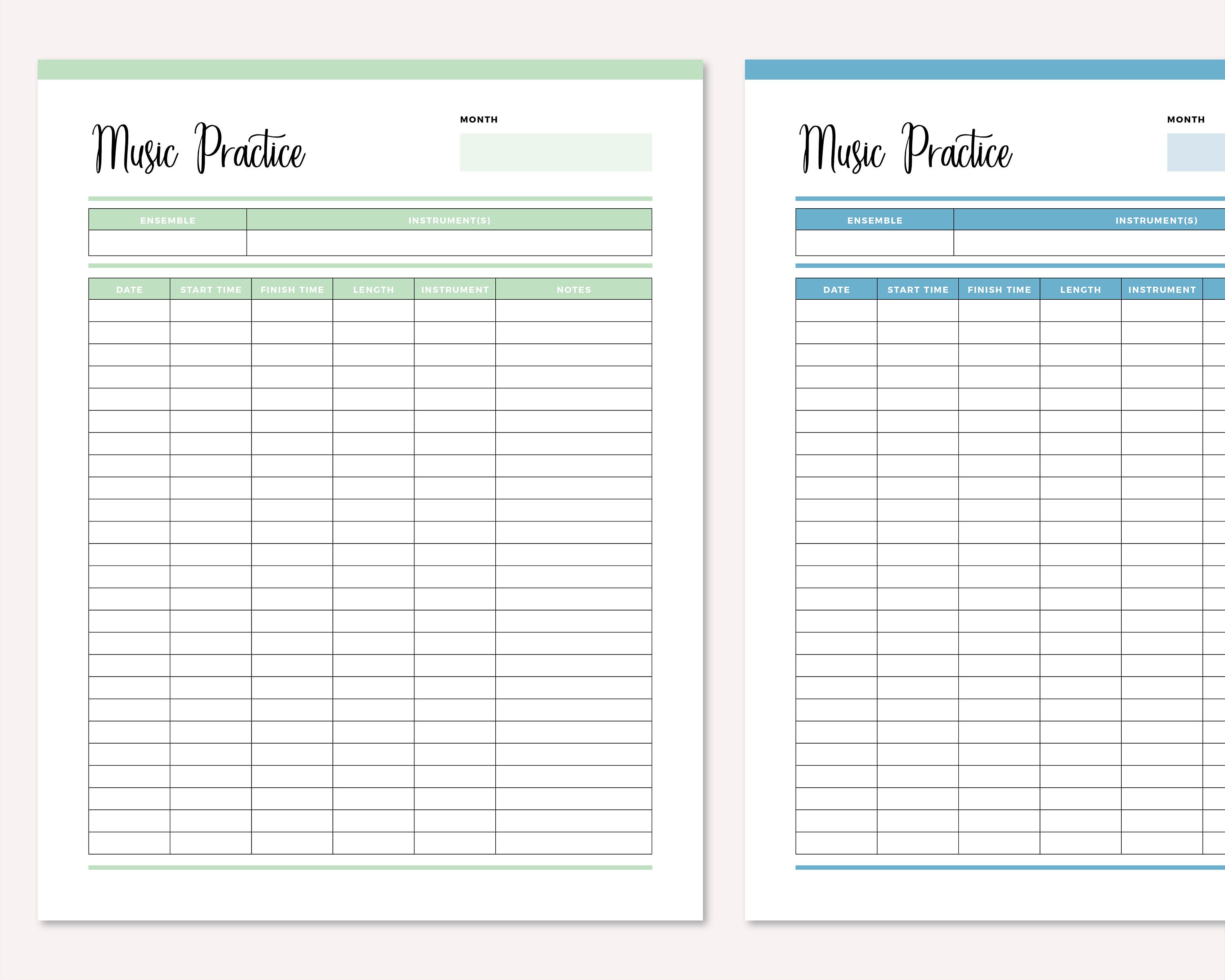 Printable Music Practice Journal, Instrument Practice Sheet, Music ...