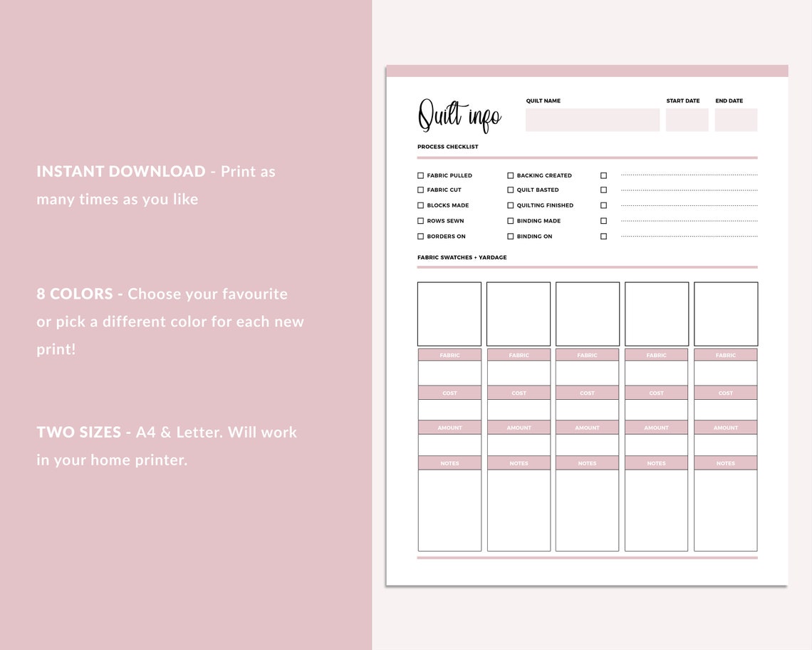 Printable Quilt Information Tracker Quilt Journal Quilt - Etsy