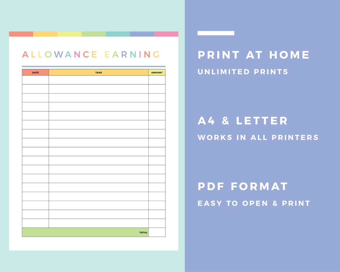 Printable Kids Allowance Earning Chart Childrens Allowance - Etsy