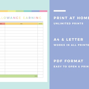Printable Kids Allowance Earning Chart, Childrens Allowance Log, Pocket ...