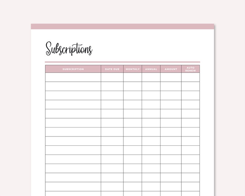 Printable Subscription Tracker Membership Tracking Monthly - Etsy