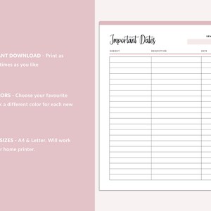 Printable Important Dates List for School and College Students, Print ...