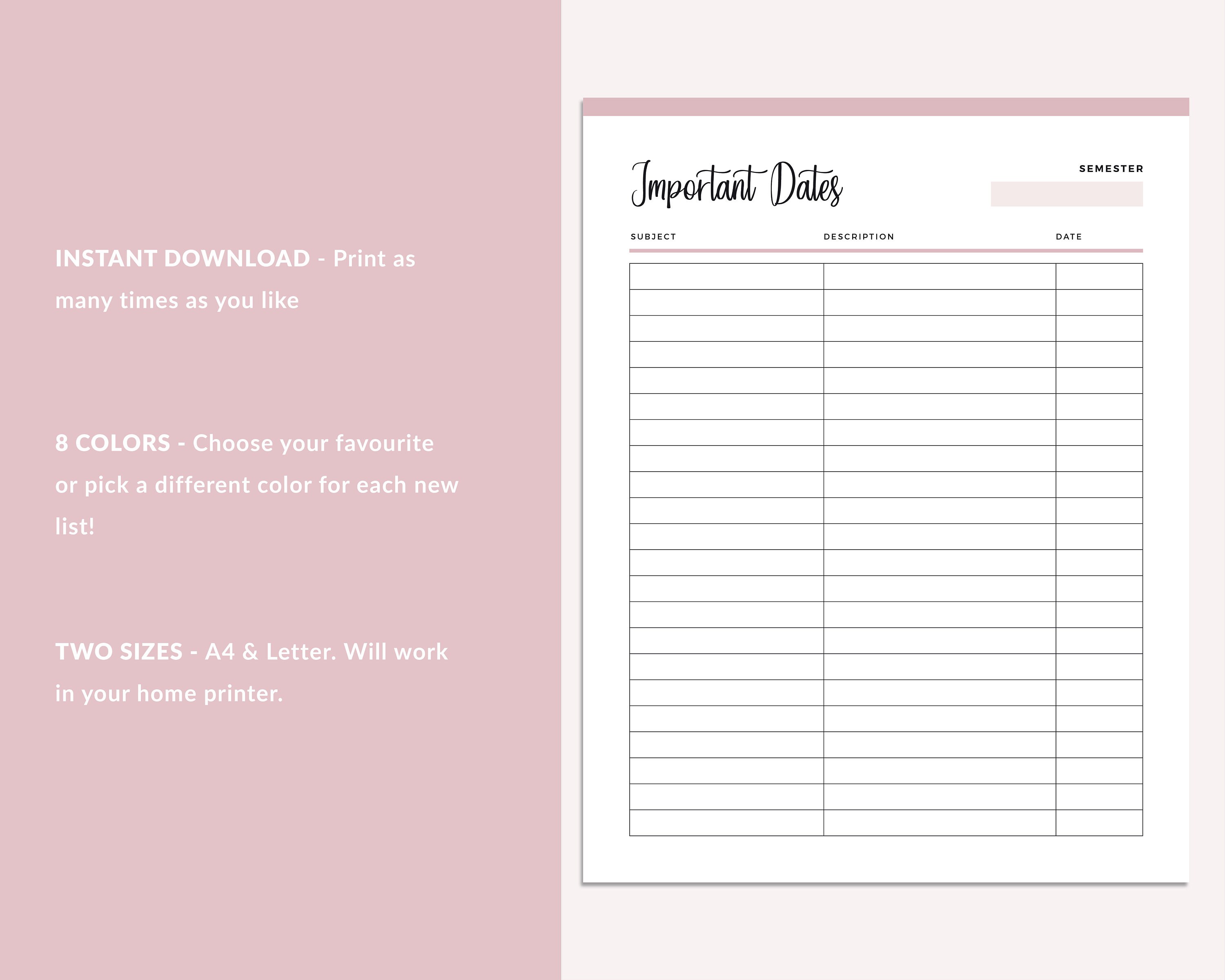 Printable Important Dates List for School and College - Etsy