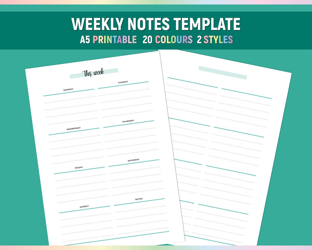 A5 Weekly Notes Template, Printable Week-at-a-glance Tracker, Printable ...
