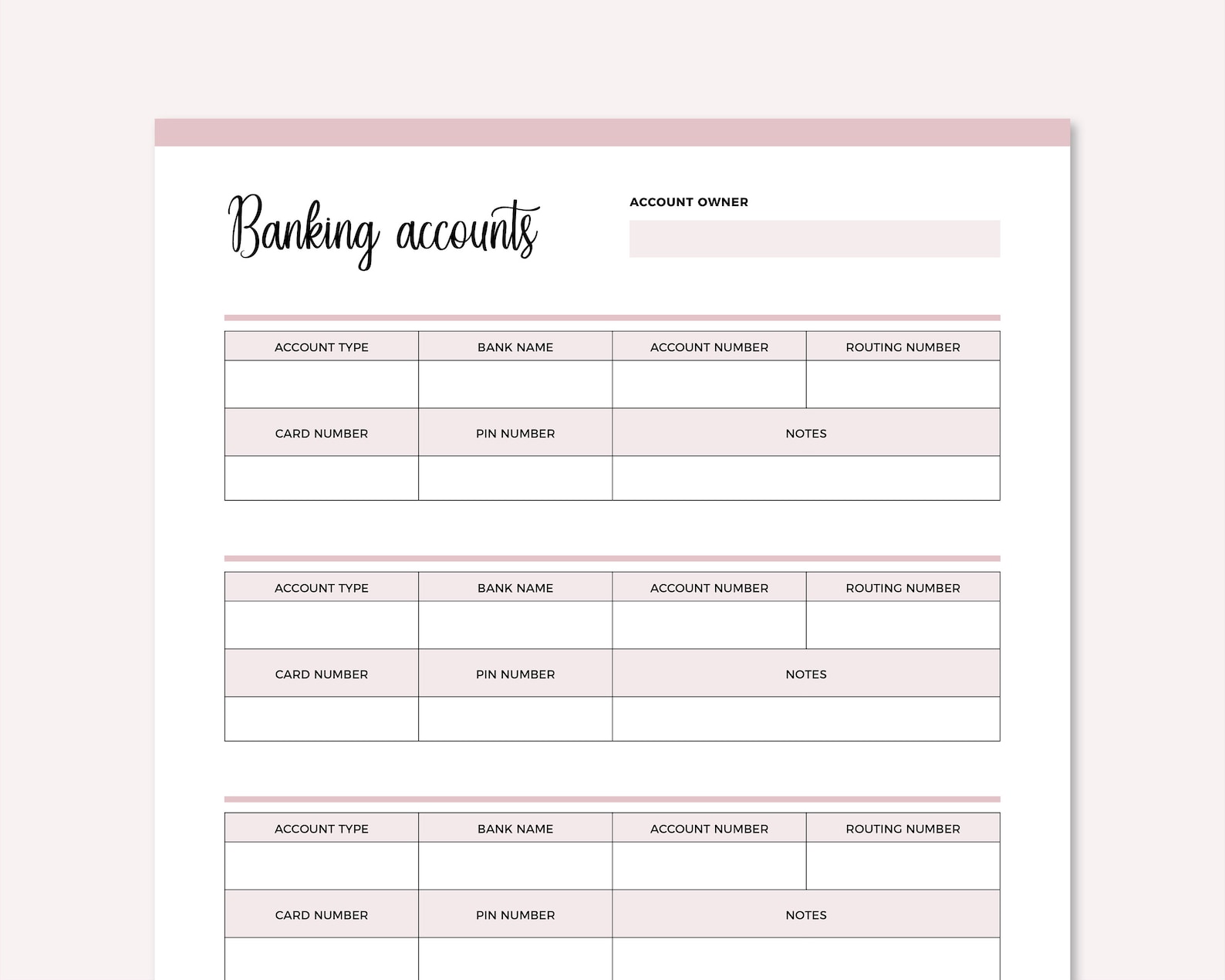 Bank Account Tracker Printable Banking Account Information - Etsy