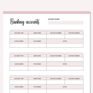 Bank Account Tracker Printable, Banking Account Information Sheet, Bank ...