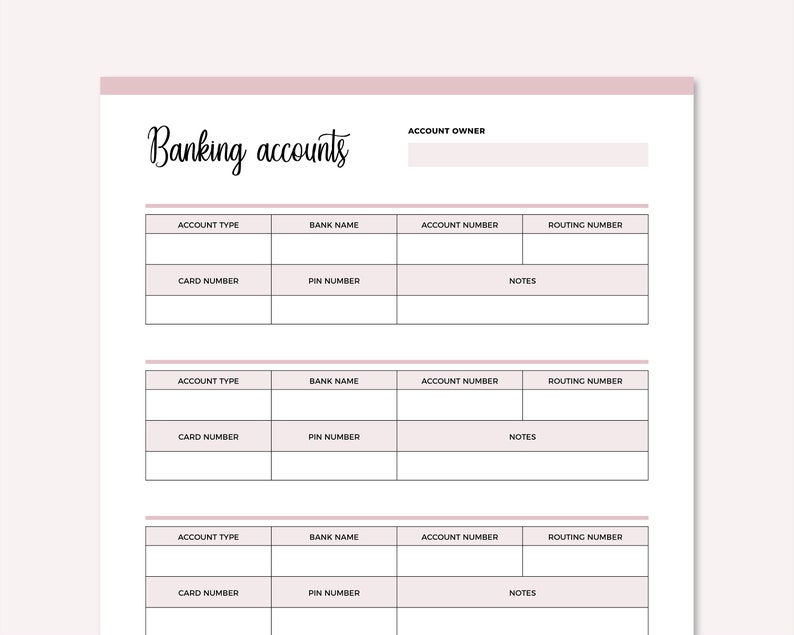 Bank Account Tracker Printable, Banking Account Information Sheet, Bank ...