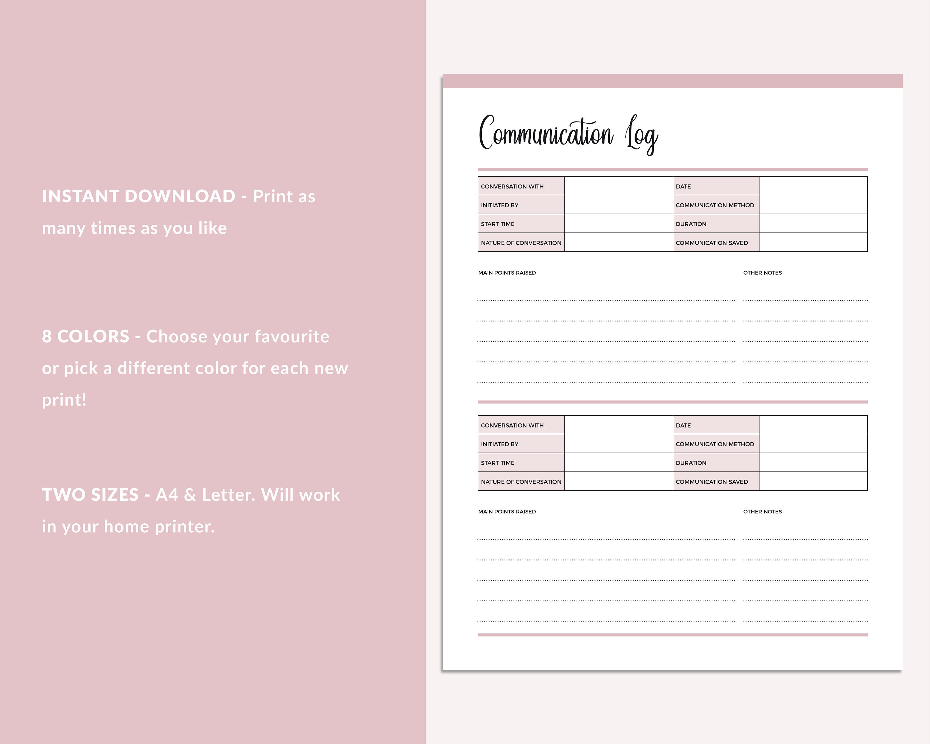 Printable Communication Log Call Log Insert A4 and Letter | Etsy