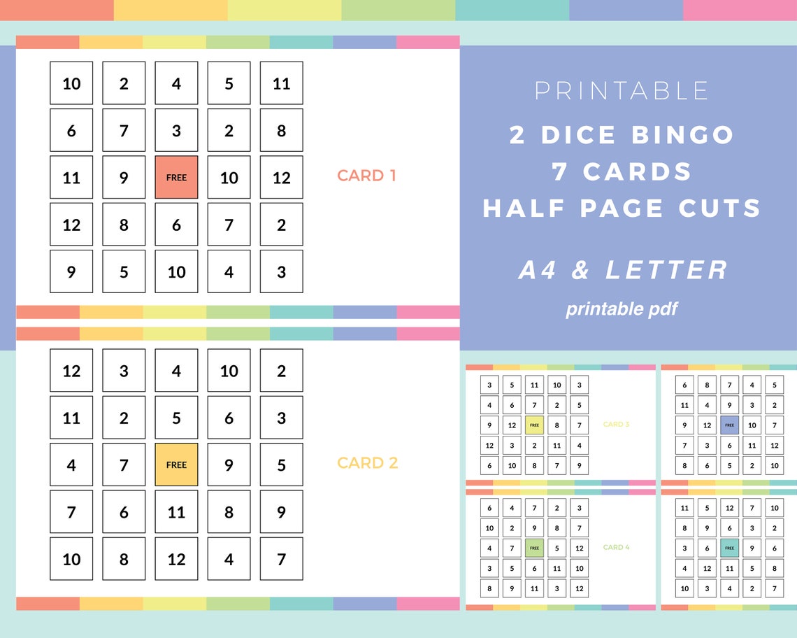 Printable Dice Bingo, 2 Dice Bingo, Printable Kids Games, Childrens ...