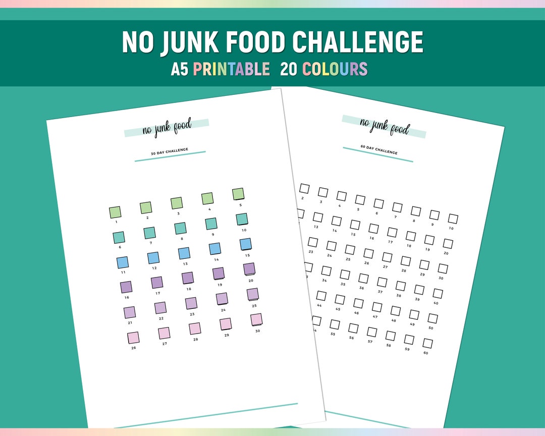 30 Day No Junk Food Challenge Tracker, 60 Day Junk Food Free Log, A5 ...