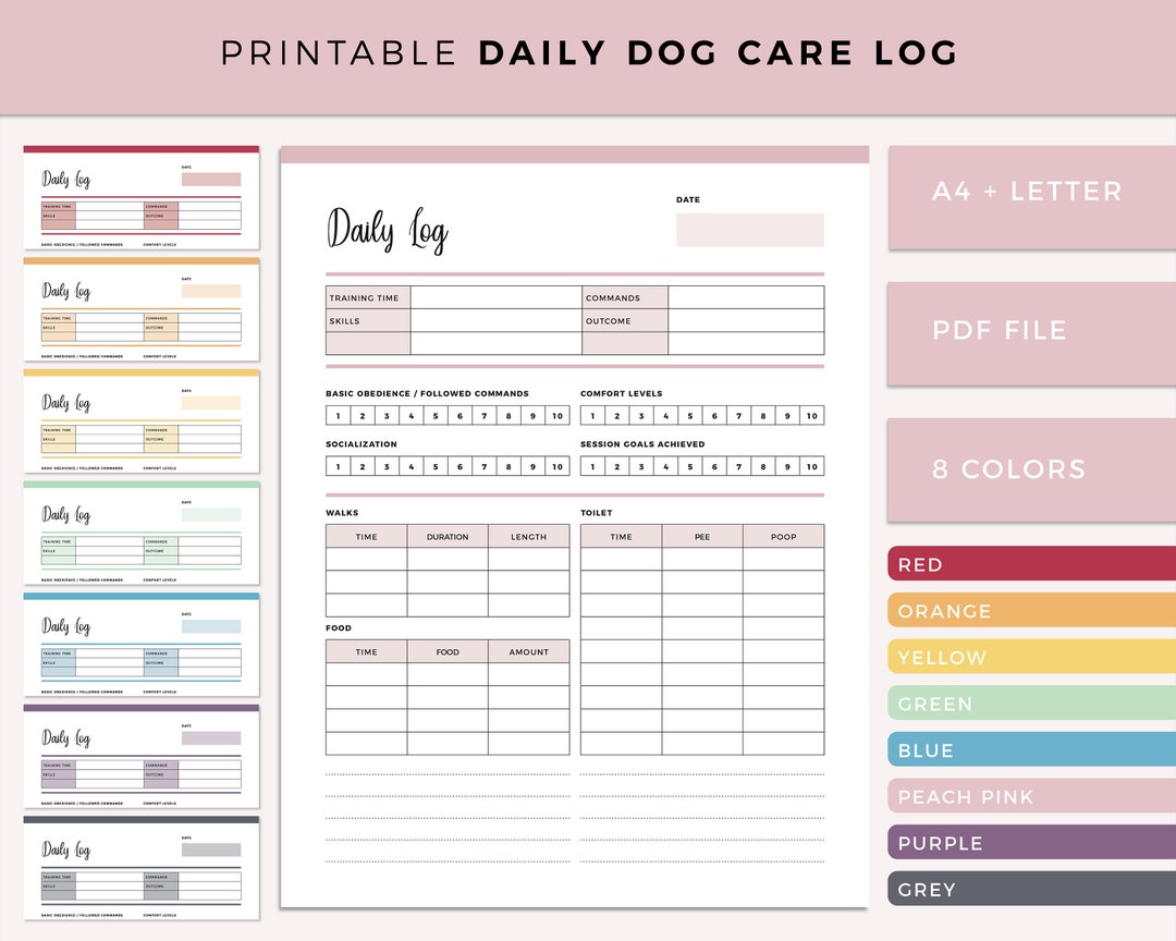 Printable Daily Pet Care Log, Dog Care Log, Dog Report Card, Pet Report ...