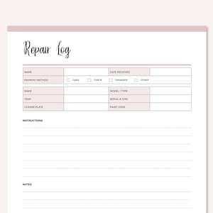 Printable Mechanic Repair Log - Auto Body Repair Sheet, Mechanical ...