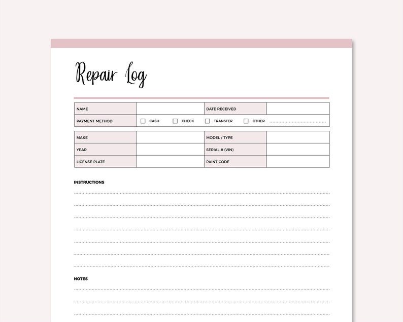 Printable Mechanic Repair Log - Auto Body Repair Sheet, Mechanical ...