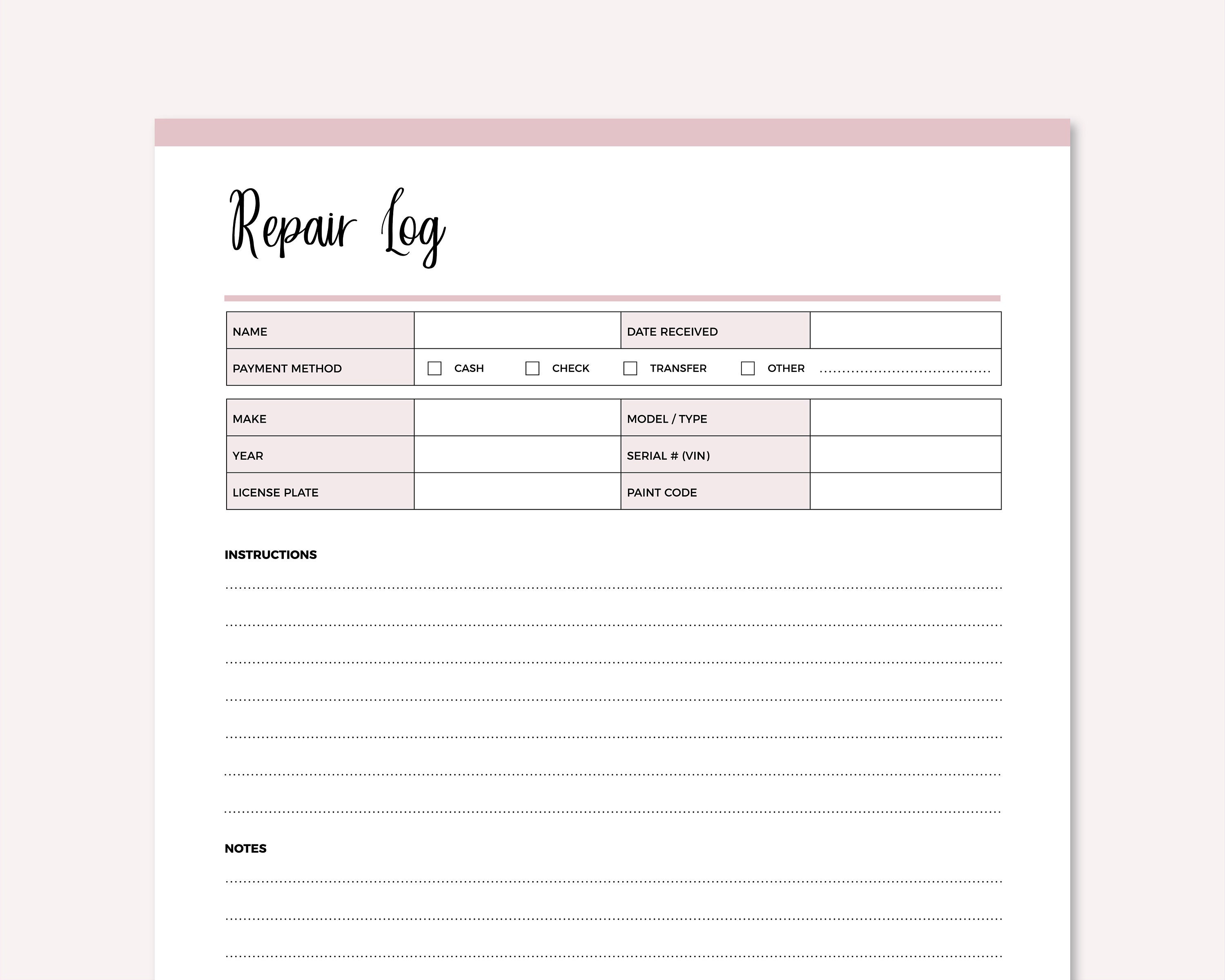 Printable Mechanic Repair Log - Auto Body Repair Sheet, Mechanical ...