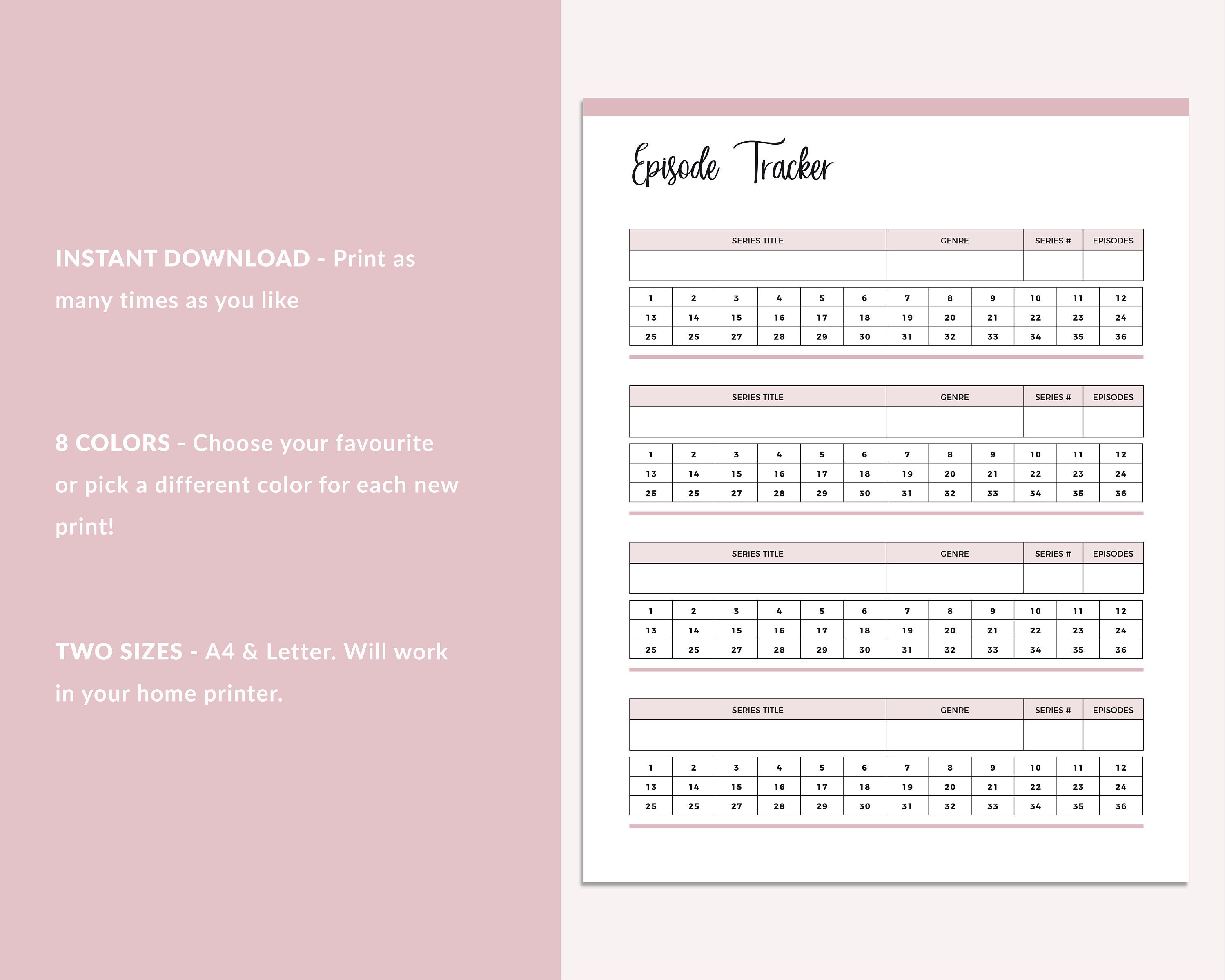 TV Episode Tracker Printable, TV Series Tracking, TV Log, Television ...