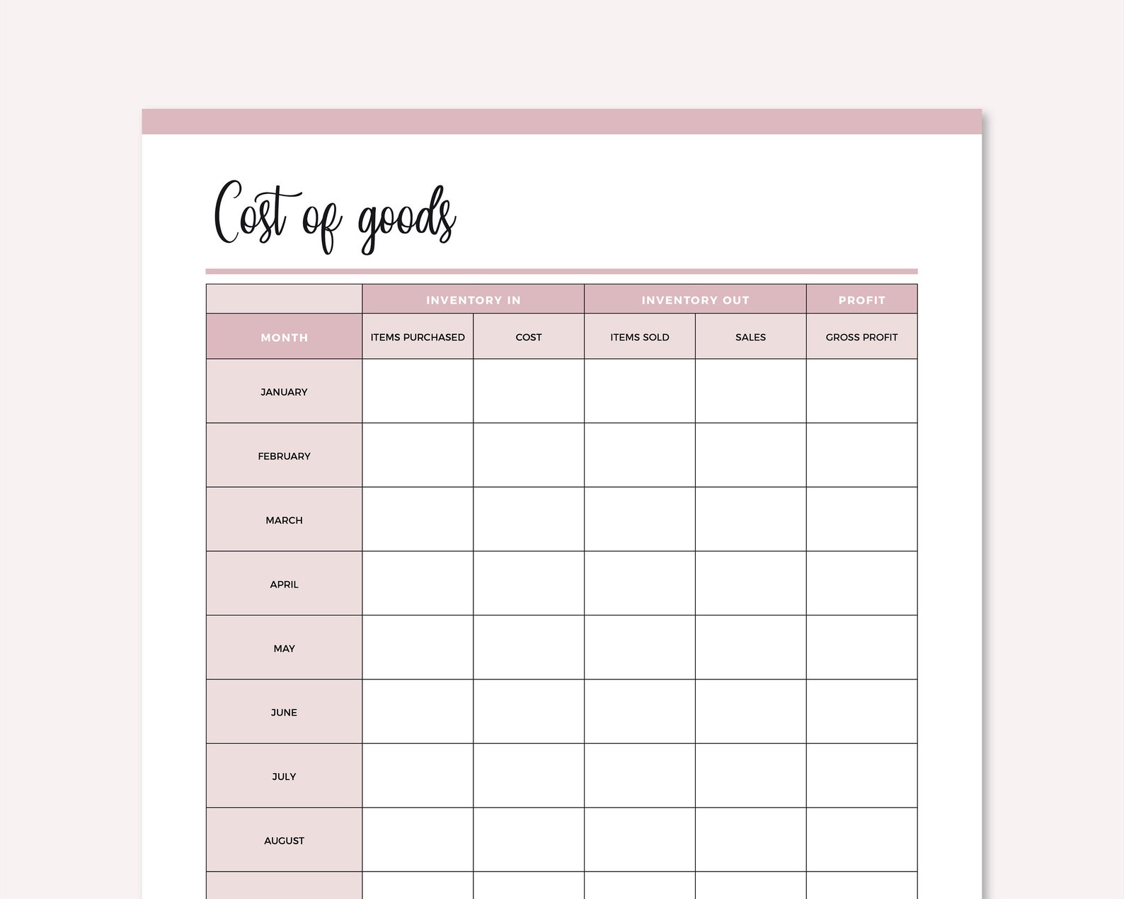 Printable Cost of Goods Sold Sheet, Monthly Profit Tracker, Business ...