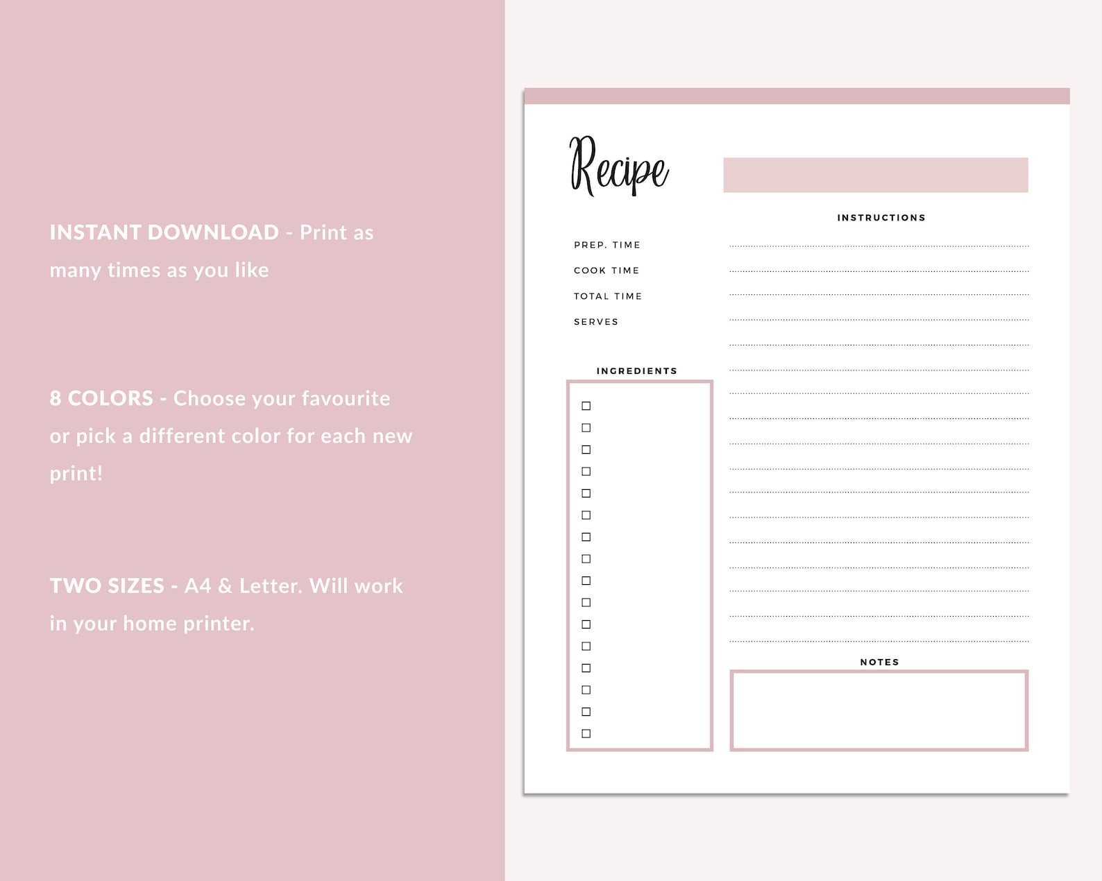 Printable Recipe Template, Blank Recipe Page, Cooking List Sheet ...