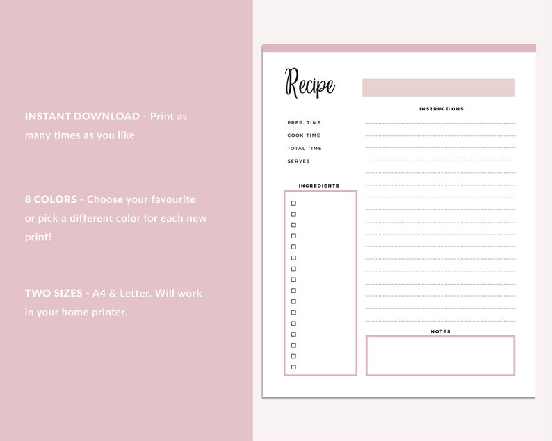Printable Recipe Template Blank Recipe Page Cooking List - Etsy