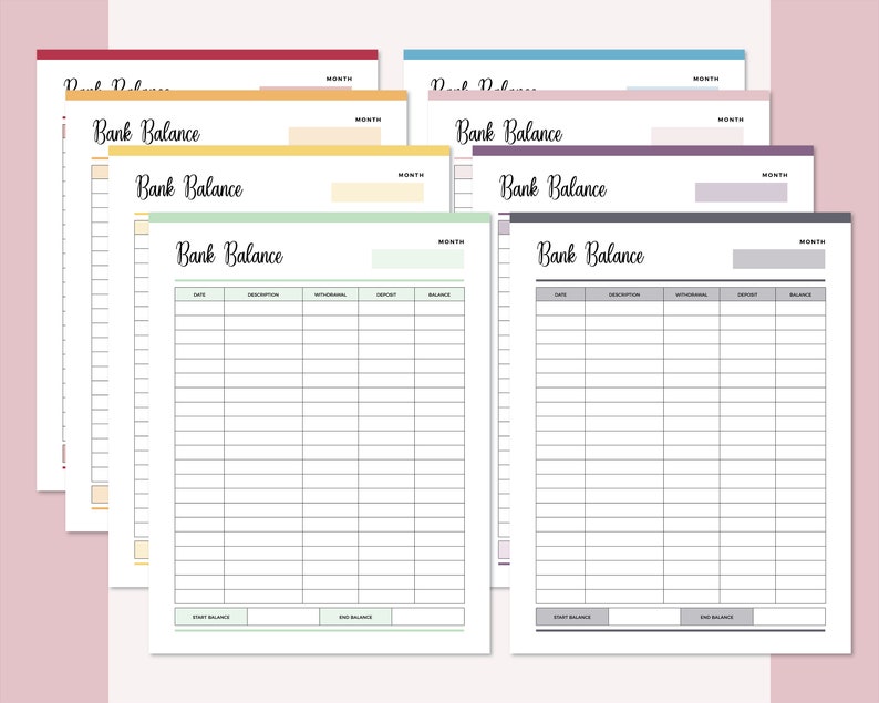 Printable Bank Balance Sheet, Savings Tracker, Banking Record, Finance ...