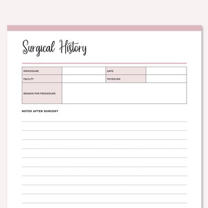 Printable Surgical History Tracker, Health History, Surgery Chart ...