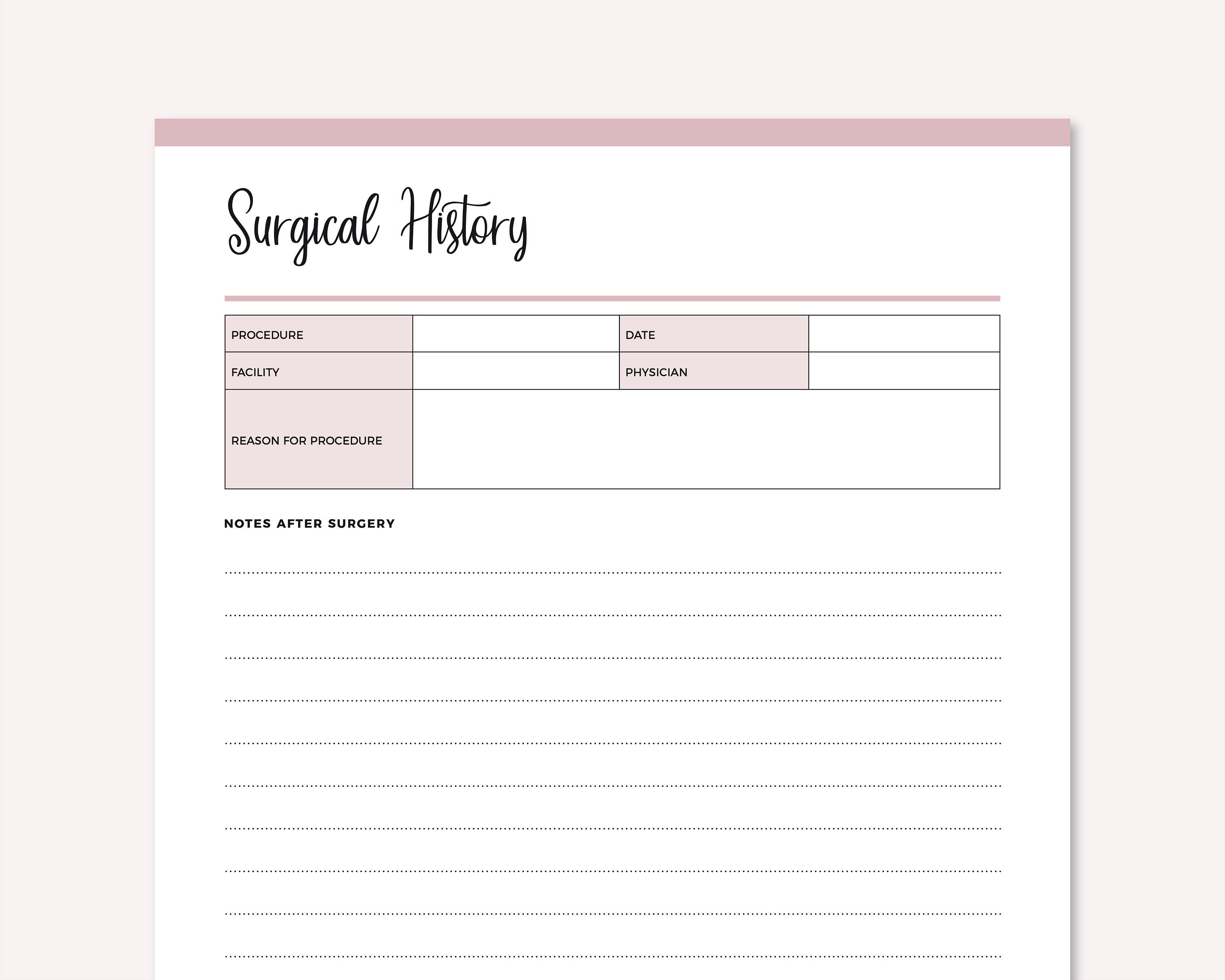 Printable Surgical History Tracker, Health History, Surgery Chart ...