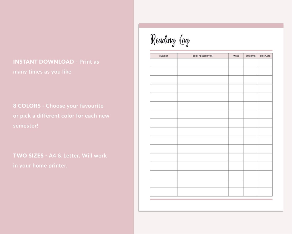 Printable Reading Log Print at Home Reading List Planner for | Etsy