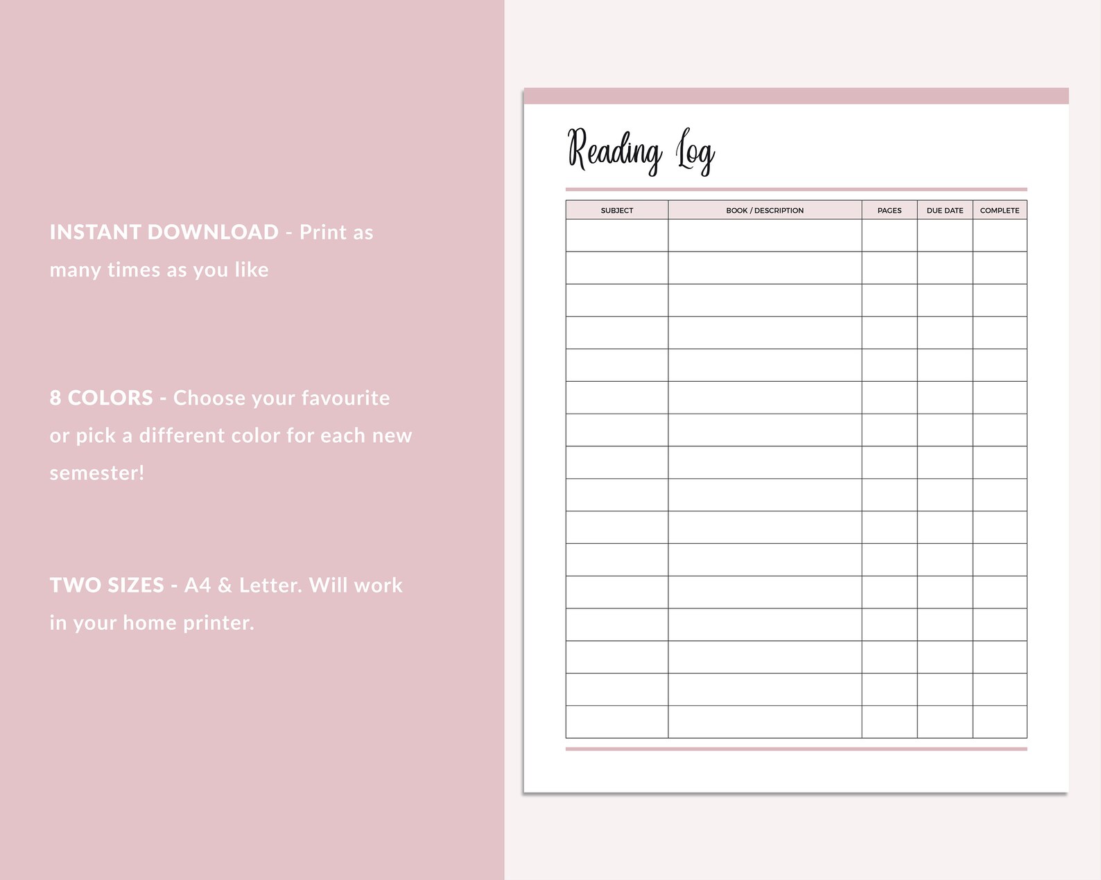 Printable Reading Log Print at Home Reading List Planner for | Etsy