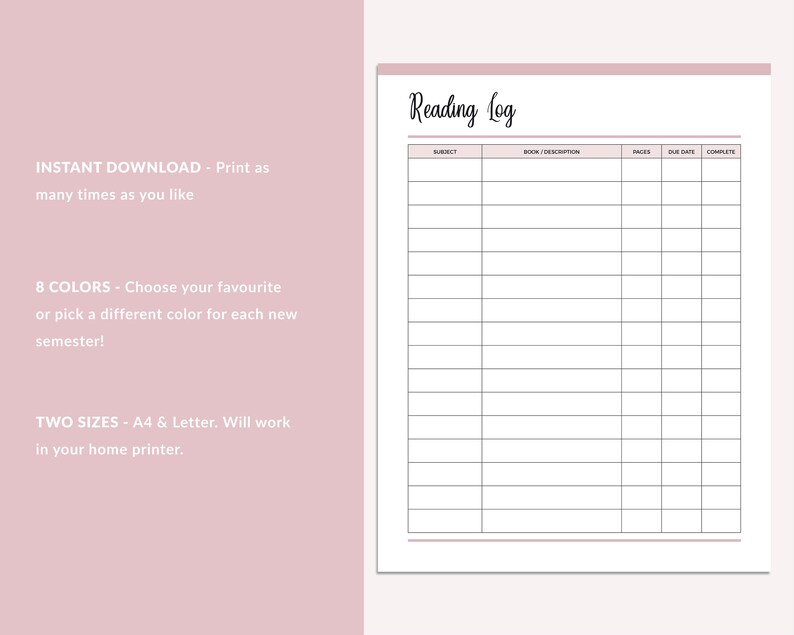 Printable Reading Log Print at Home Reading List Planner for | Etsy