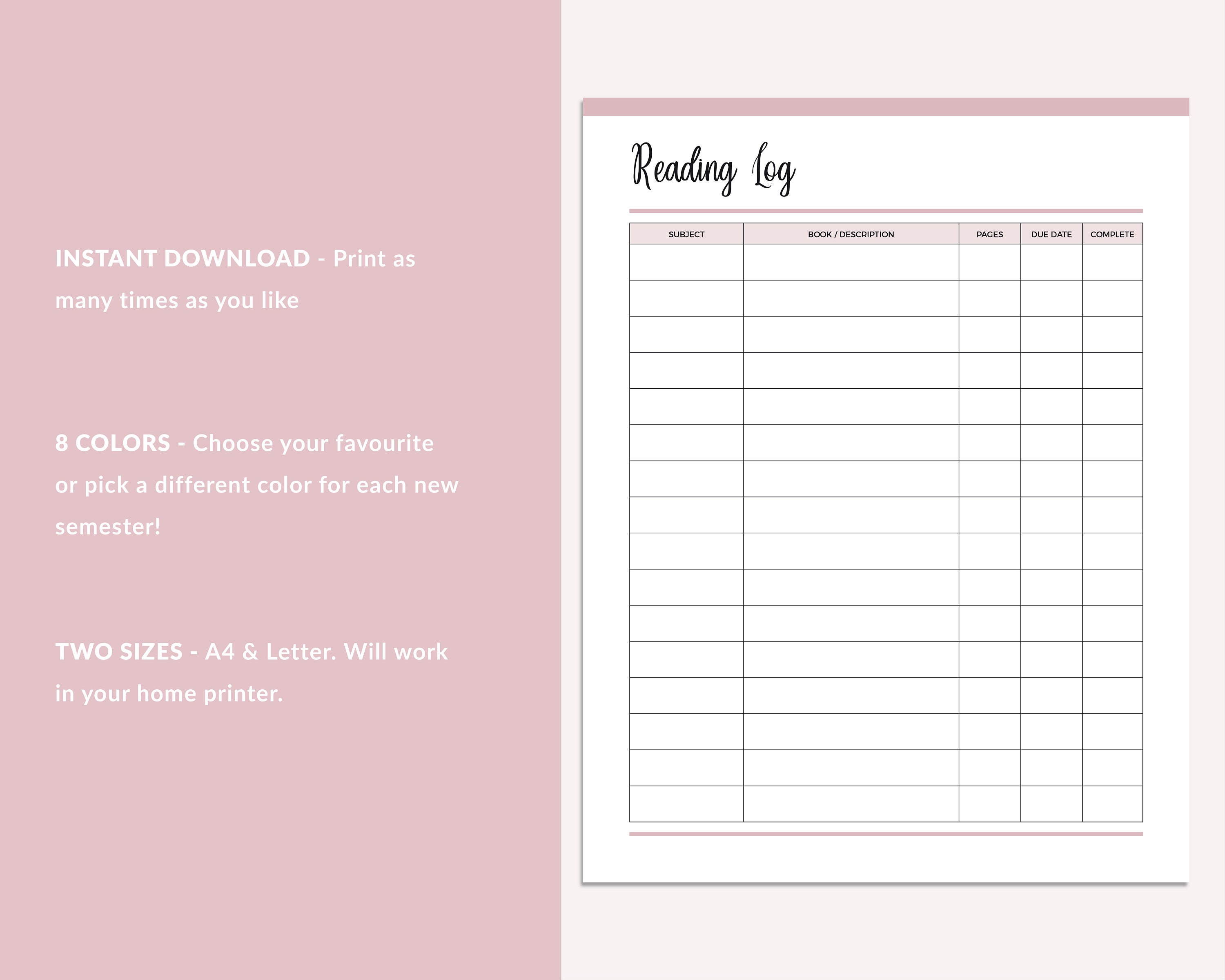 Printable Reading Log Print at Home Reading List Planner for | Etsy
