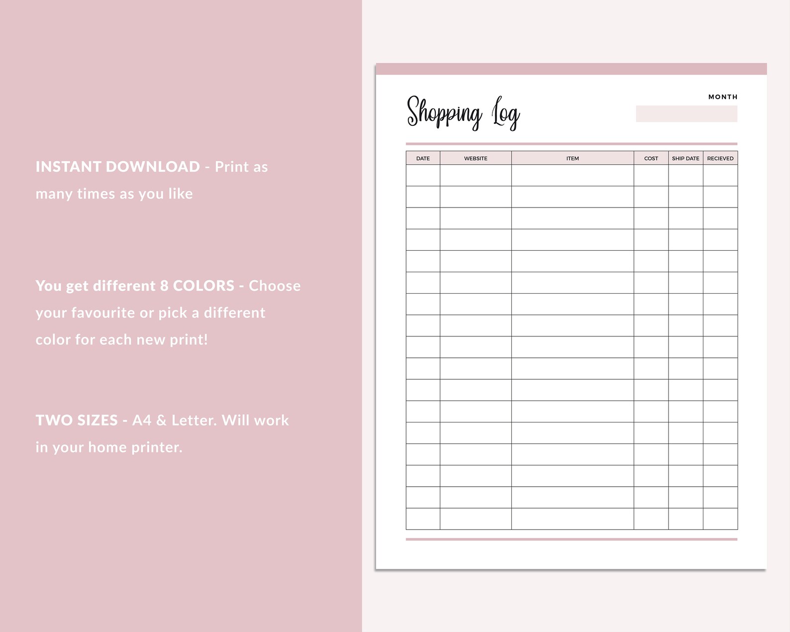 Printable Shopping Log, Online Purchase Tracker, Shopping Tracker ...