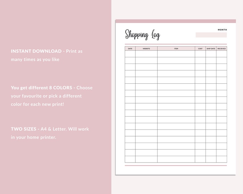 Printable Shopping Log Online Purchase Tracker Shopping - Etsy