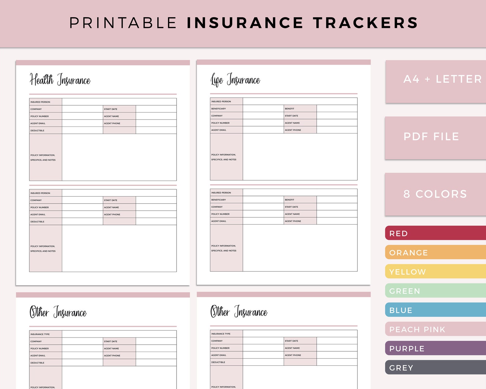 Insurance Tracker Printable Insurance Tracking Template | Etsy