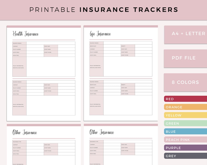 Insurance Tracker Printable Insurance Tracking Template | Etsy