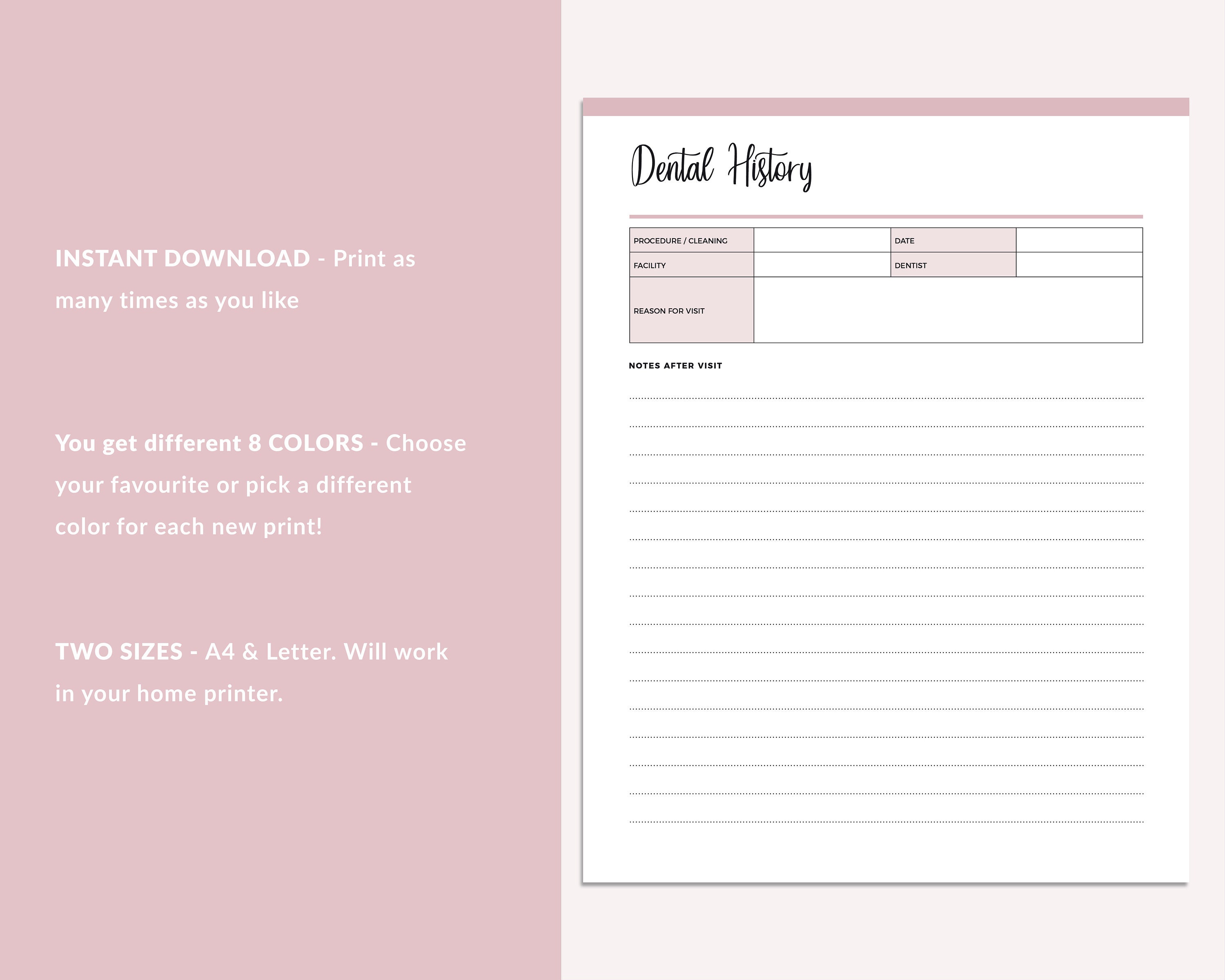 Printable Dental History Dental Records Dental Procedures - Etsy