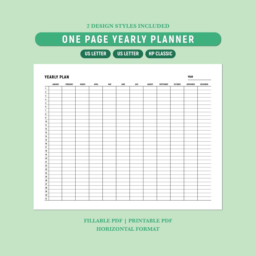 Yearly Planner Printable, Annual Overview Template, One Page Year ...