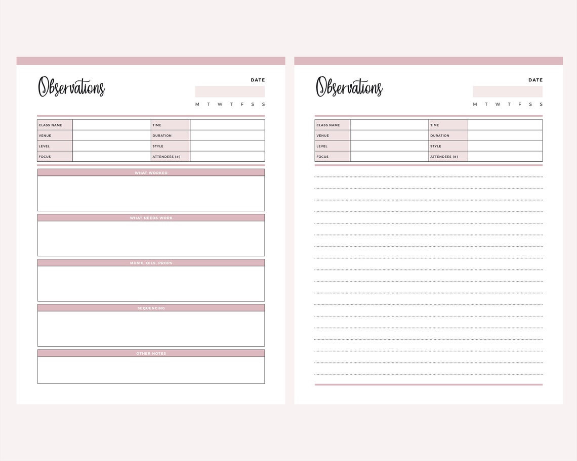 Printable Yoga Class Observations, Yoga Instructor Planner, Pilates ...