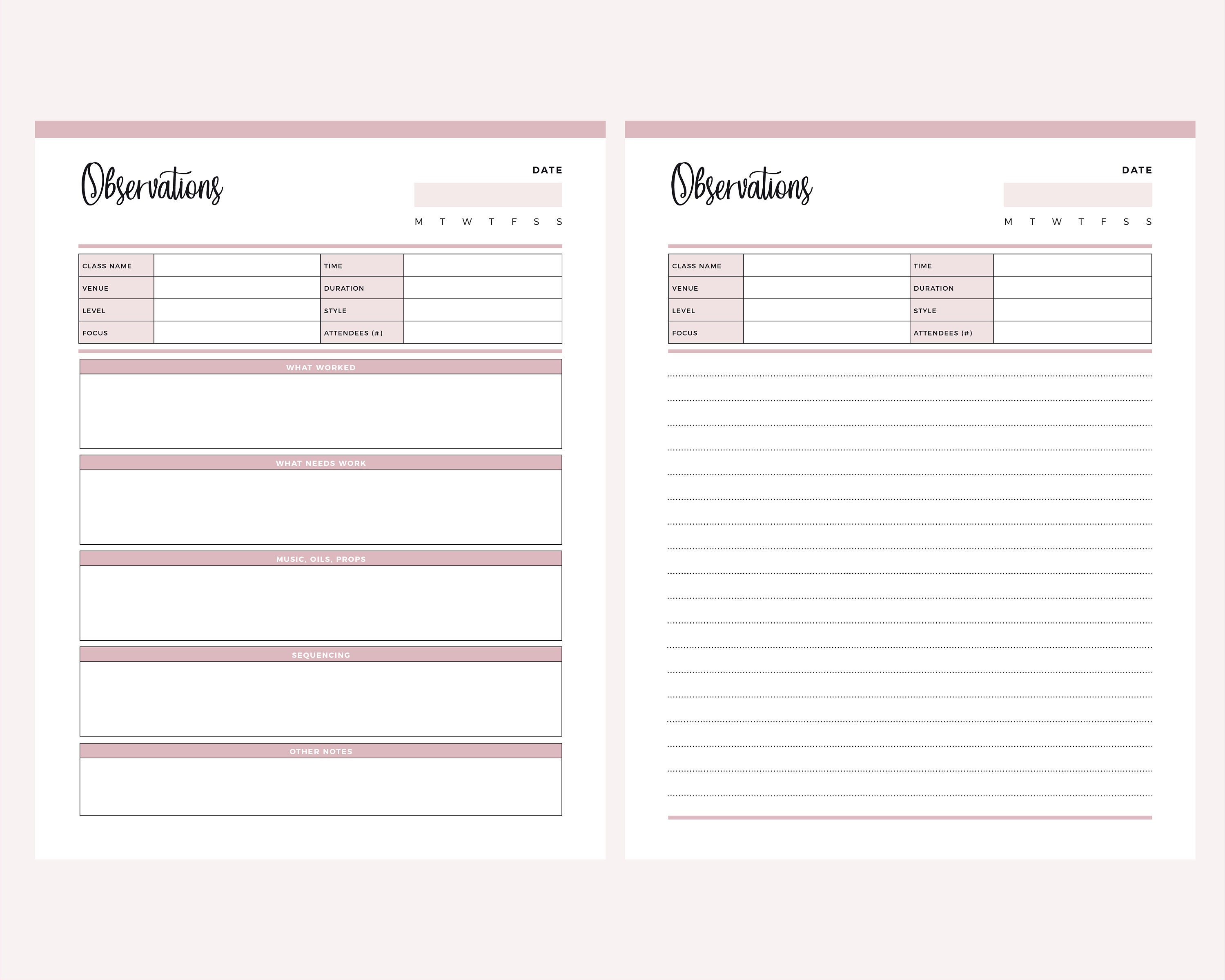 Printable Yoga Class Observations, Yoga Instructor Planner, Pilates ...