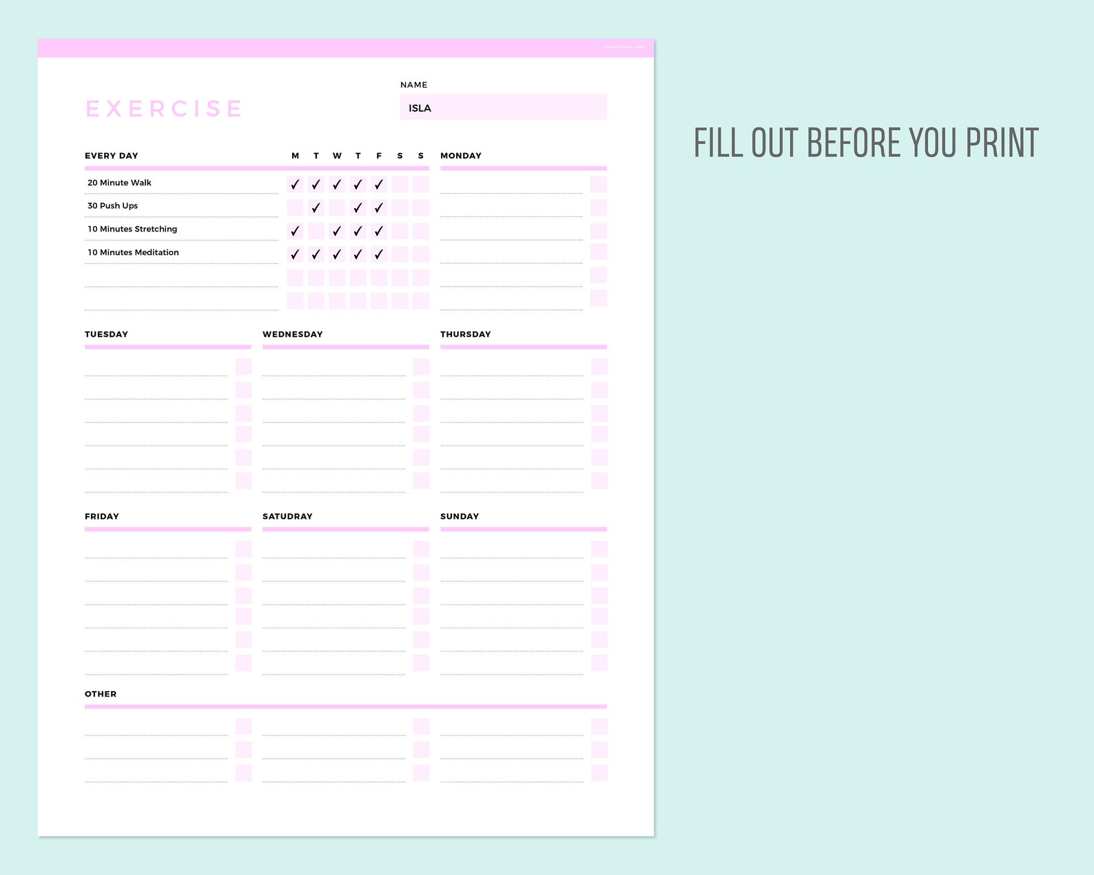 Editable Exercise Tracker Printable, Fillable Daily Exercise Checklist ...