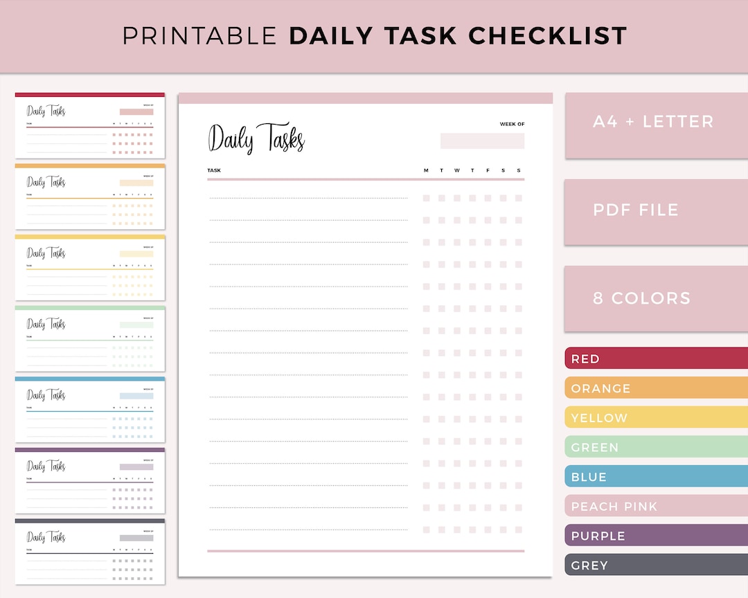 Daily Checklist Printable, Daily Task Checklist, Print at Home Weekly ...